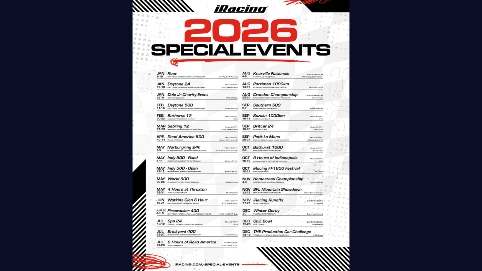 iRacing 2026 Special Events Calendar | Traxion